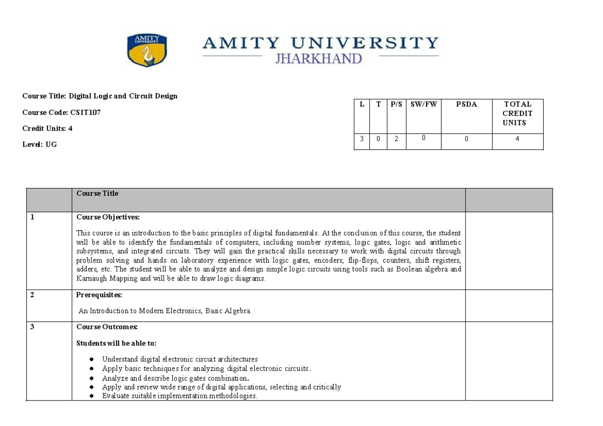 CSIT107 - Digital Logic & Circuit Design Course Overview - Studocu