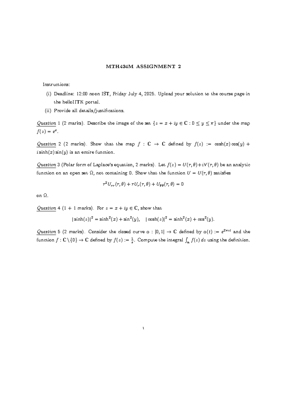MTH434M Assignment 2: Complex Analysis Problems and Solutions - Studocu