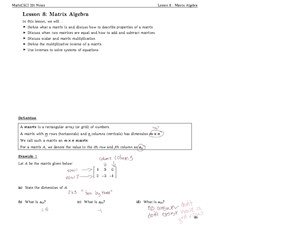 CSCI 231 Final Exam Notes: Matrix Algebra Concepts and Techniques ...