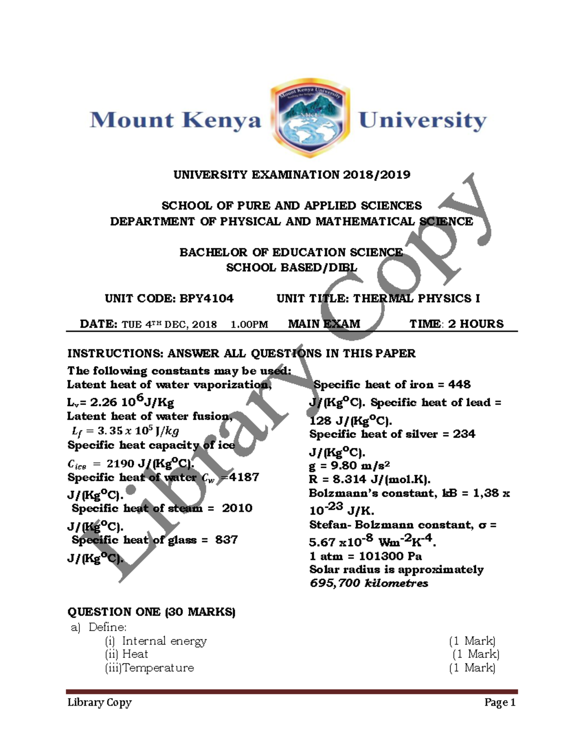 BPY4104 Thermal Physics I Final Exam Questions and Instructions - Studocu