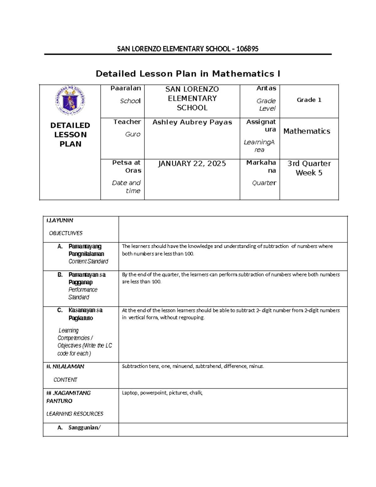 Subtraction Vertically - SAN LORENZO ELEMENTARY SCHOOL - 106895 ...