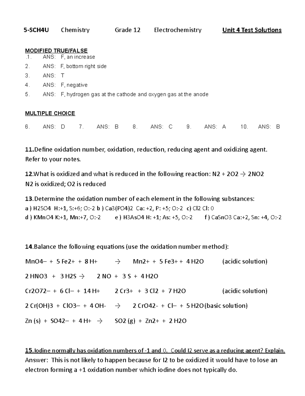 5-SCH4U Grade 12 Electrochemistry Unit 4 Test Solutions - Studocu
