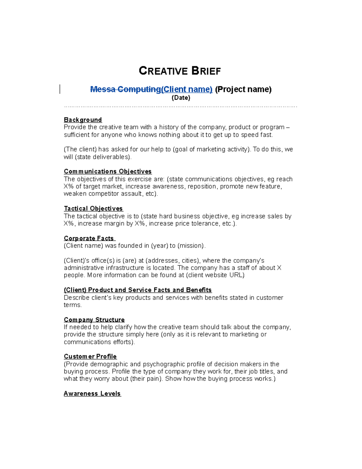 Creative Brief Template - CREATIVE BRIEF Messa Computing(Client name ...