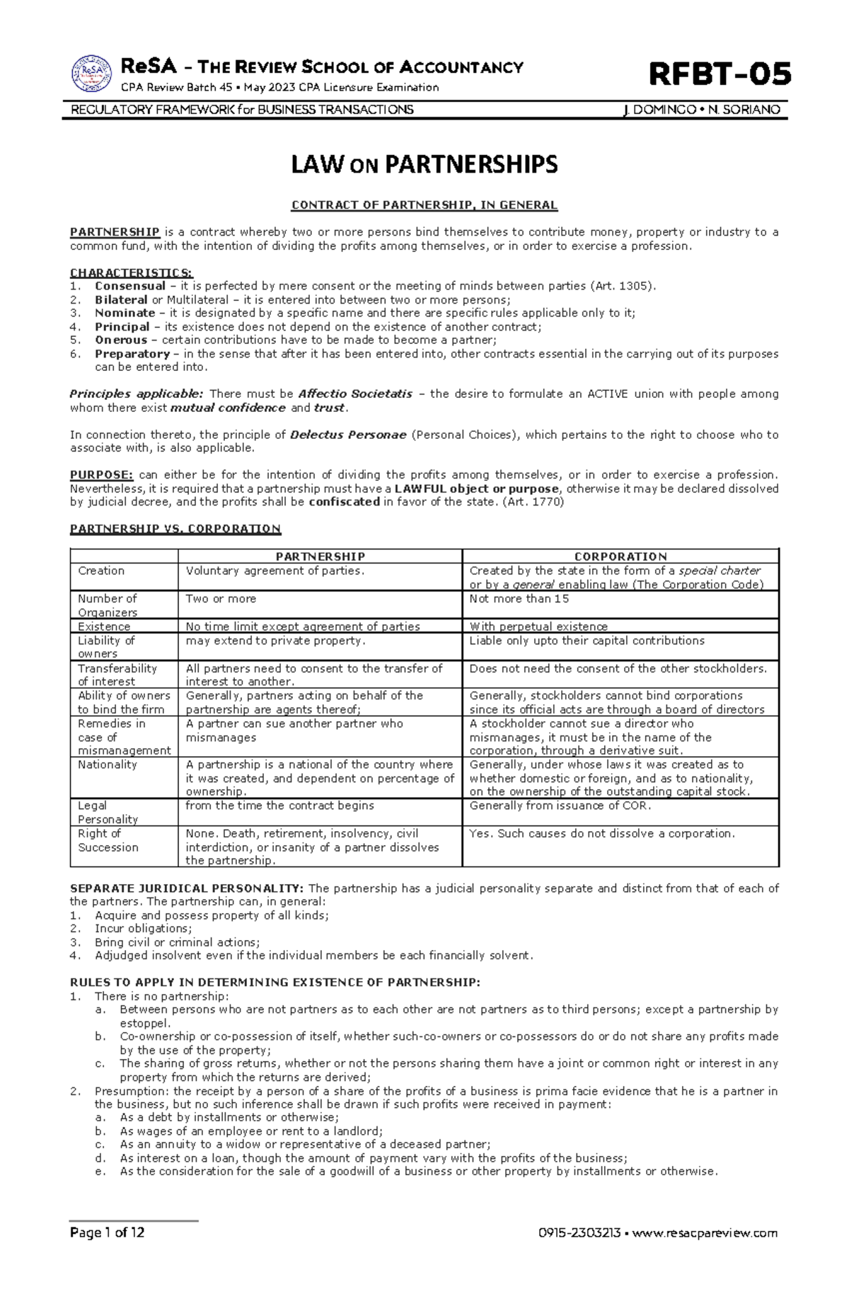 ReSA CPA Review Batch 45: Law on Partnerships Overview (May 2023) - Studocu