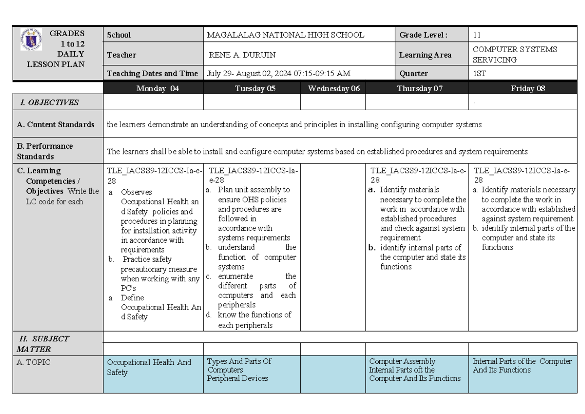 Lesson Plan: Computer Systems Servicing NC II - Grade 11 - Studocu