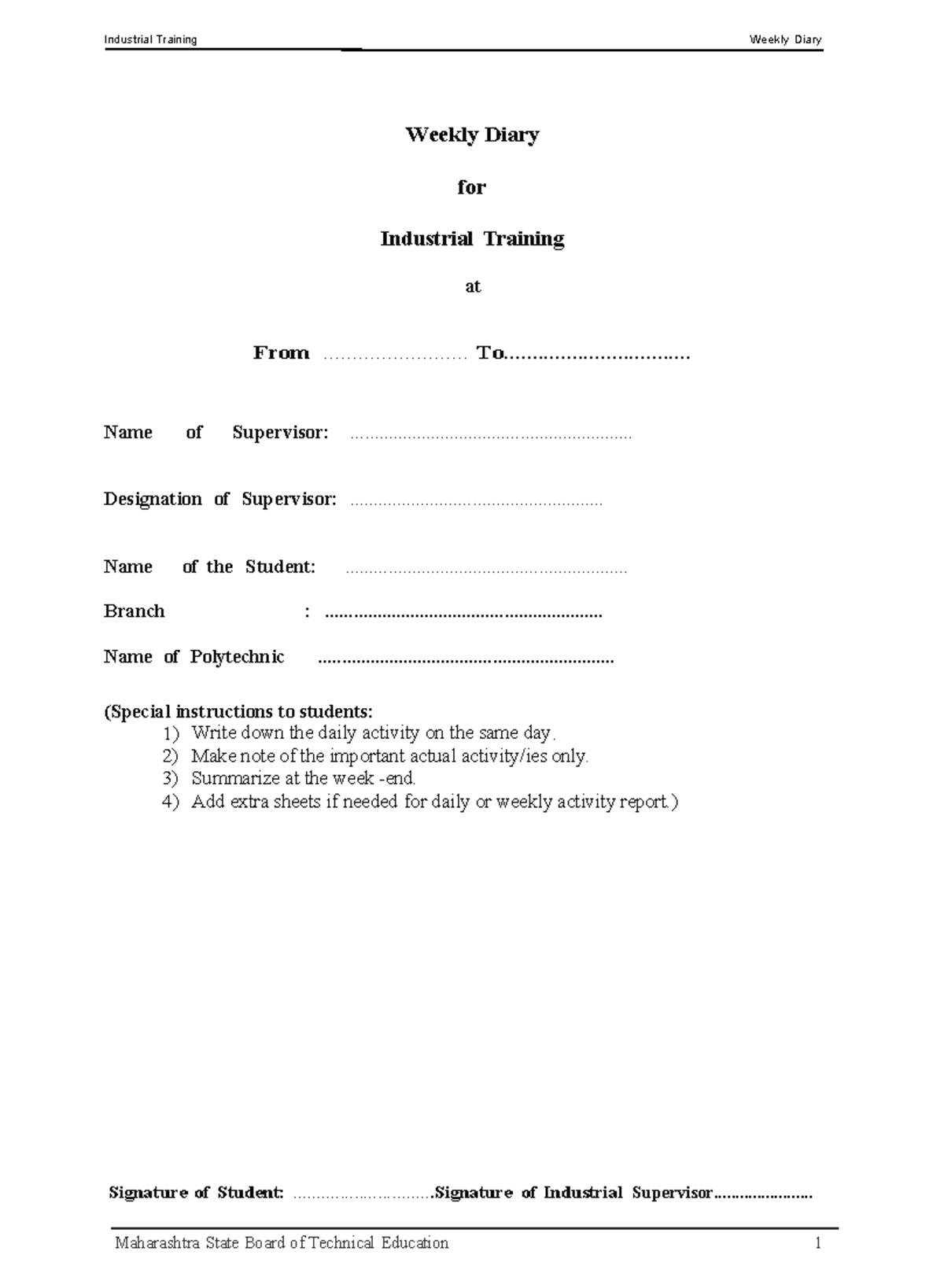 MsBTE ITR Report Format for Industrial Training 2024-25 - Studocu