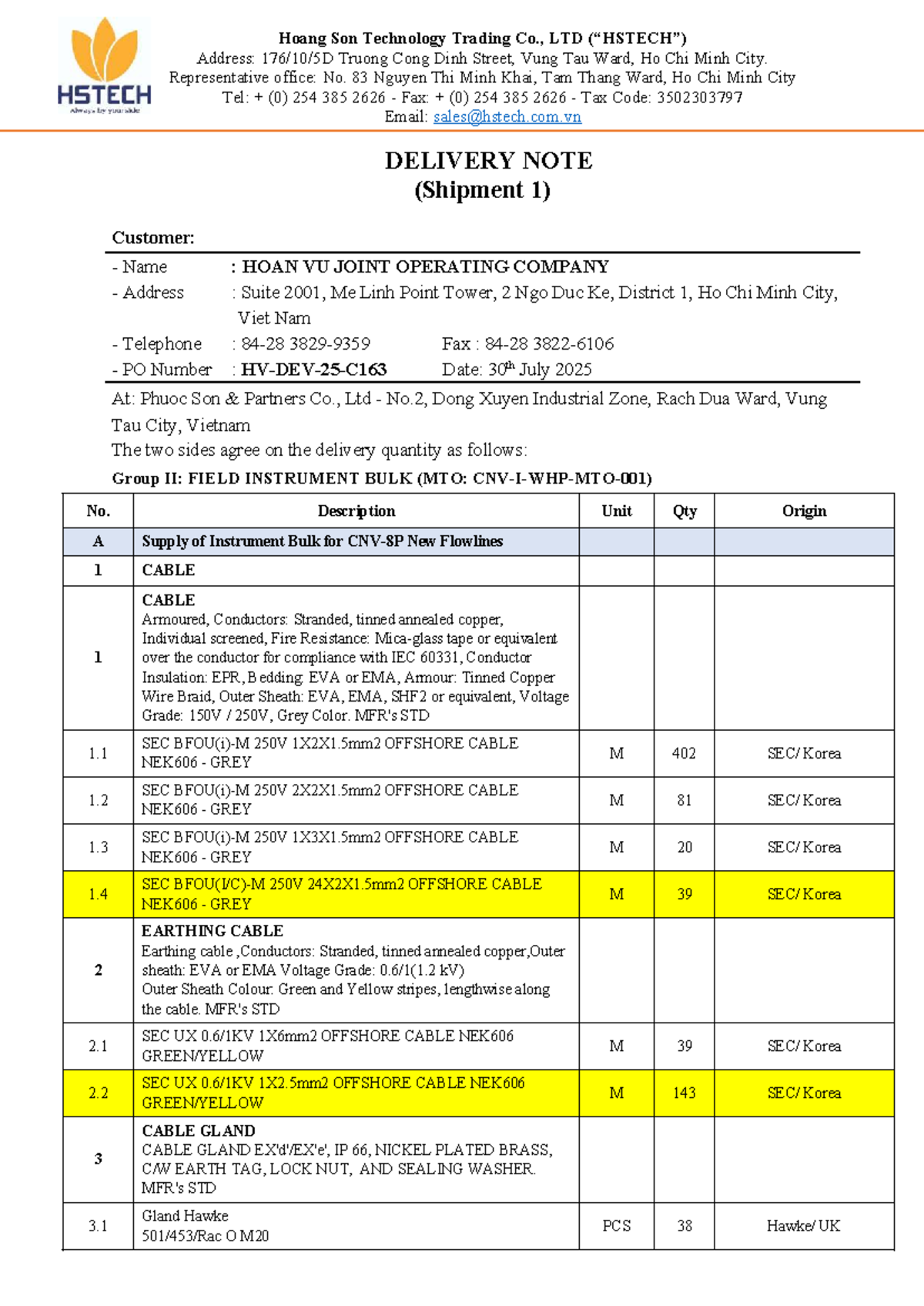 Delivery Note for Shipment 1 - Hoang Son Tech Co., LTD (C163) - Studeersnel