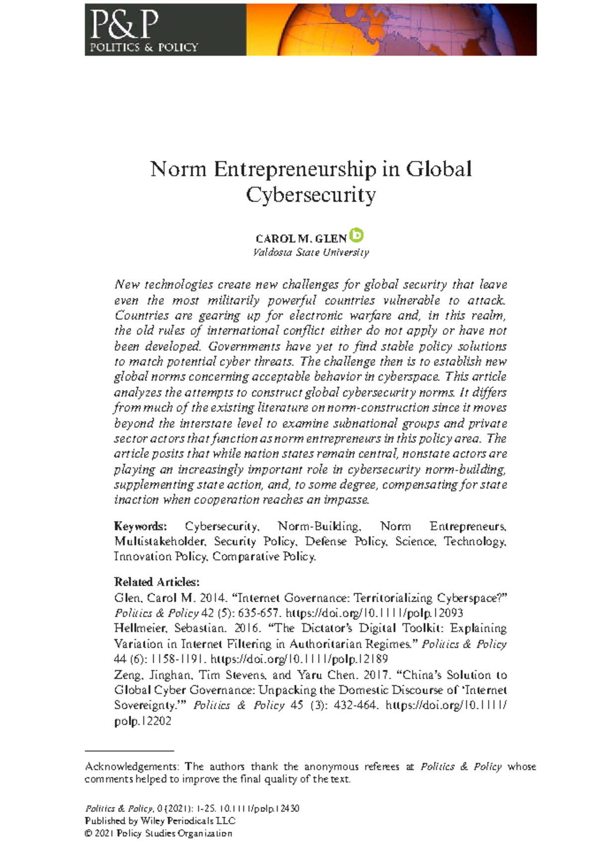 Cyber norm - material - Politics & Policy, 0 (2021): 1-25. 10/polp ...