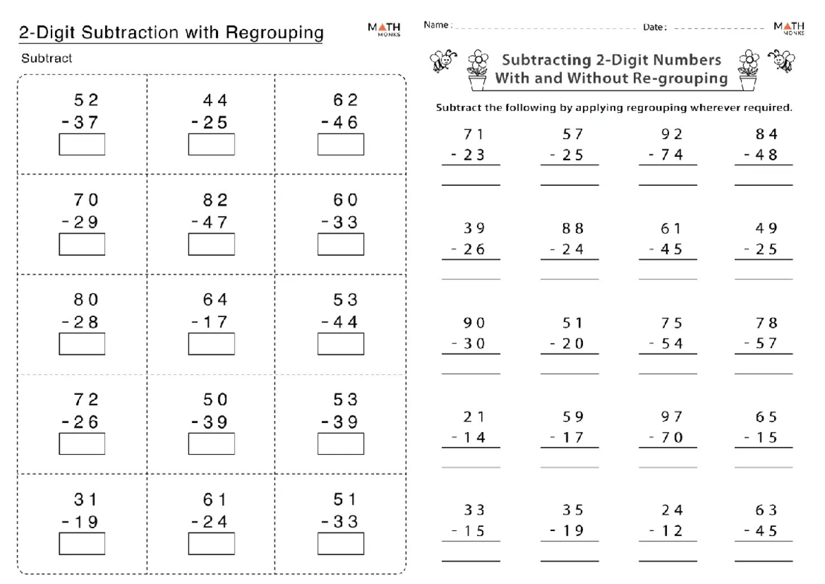 2 digit subtraction with regrouping - General Education - MATH Name ...