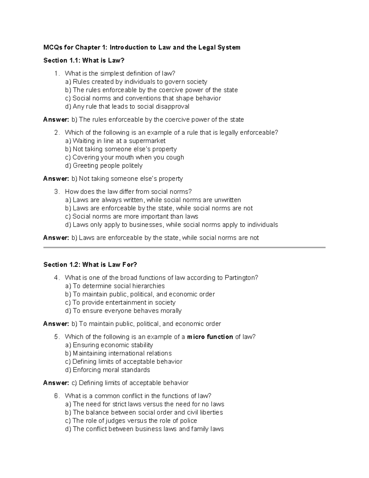 MCQs for Chapter 1: Introduction to Law and the Legal System (LAW101 ...