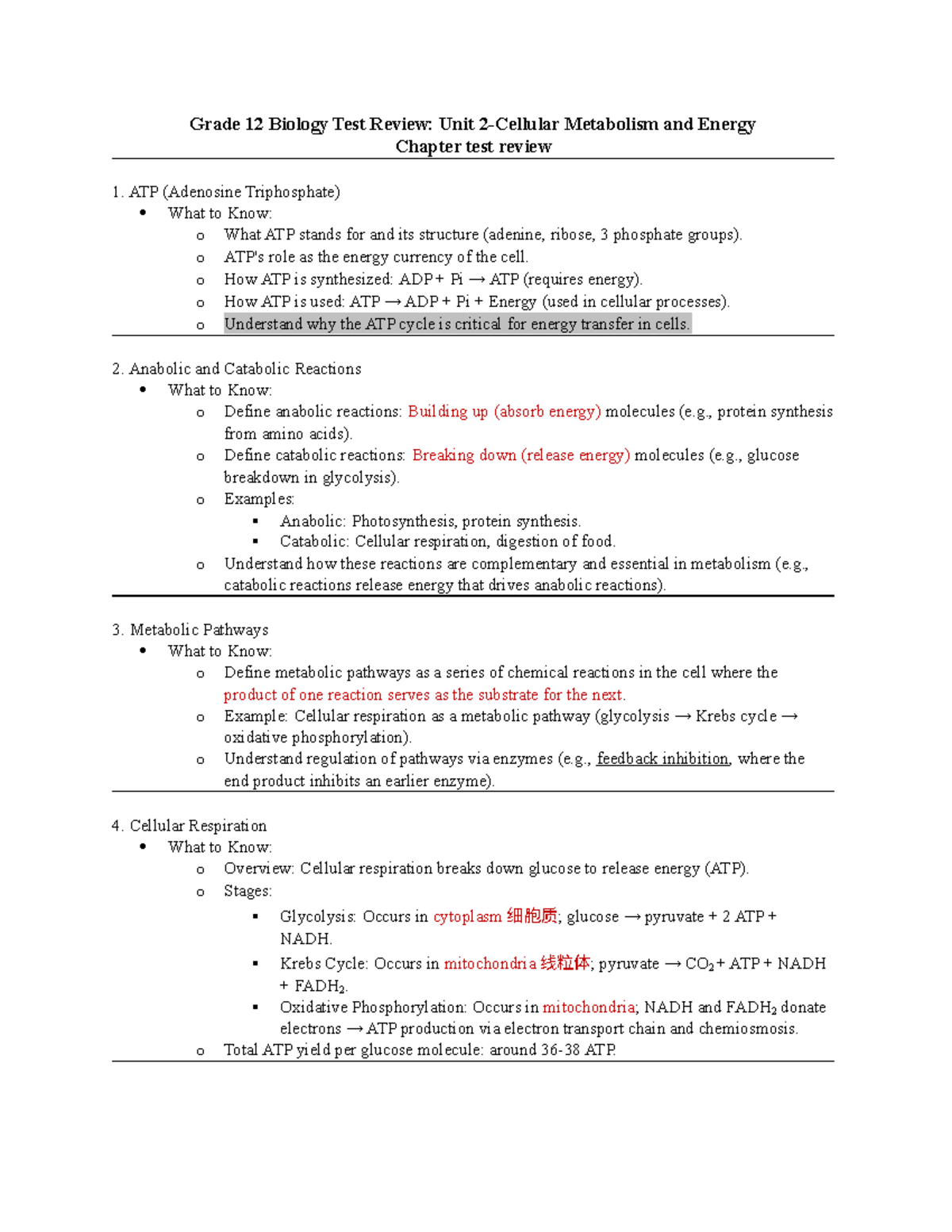 SBI4U Chapter 3 Test Review: Cellular Metabolism & Energy - Studocu