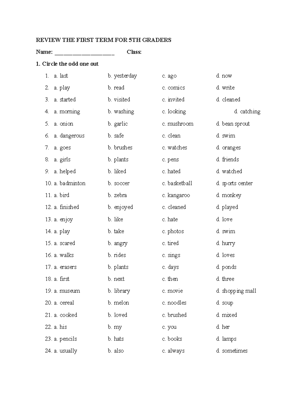 G5 - First Term Review for 5th Graders at Phu Hoa - Studocu