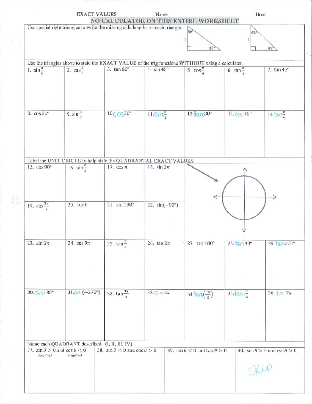 Unit Circle Extra Practice: Exact Values (No Calculator) - Studocu