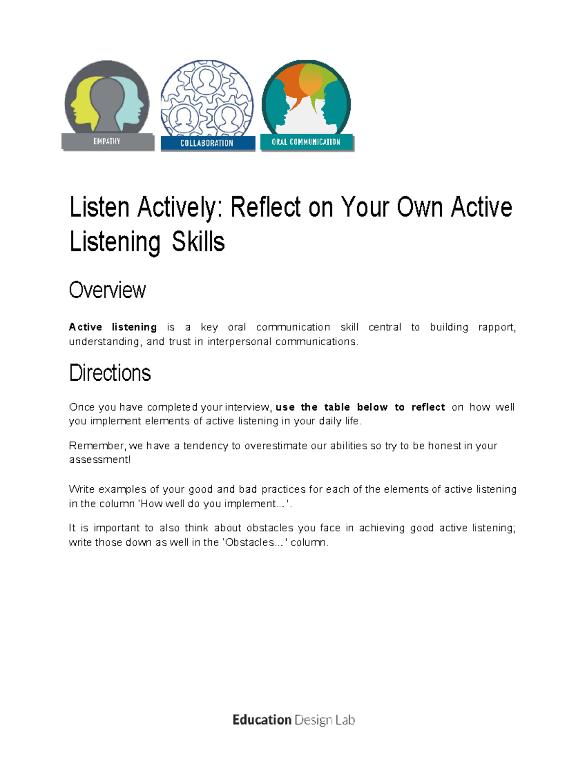 WELD 101: Active Listening Skills Reflection for First Week - Studocu