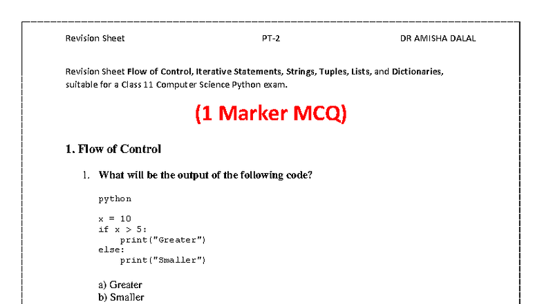 Revision Sheet PT-2 Computer Science Final Exam: Flow Control ...