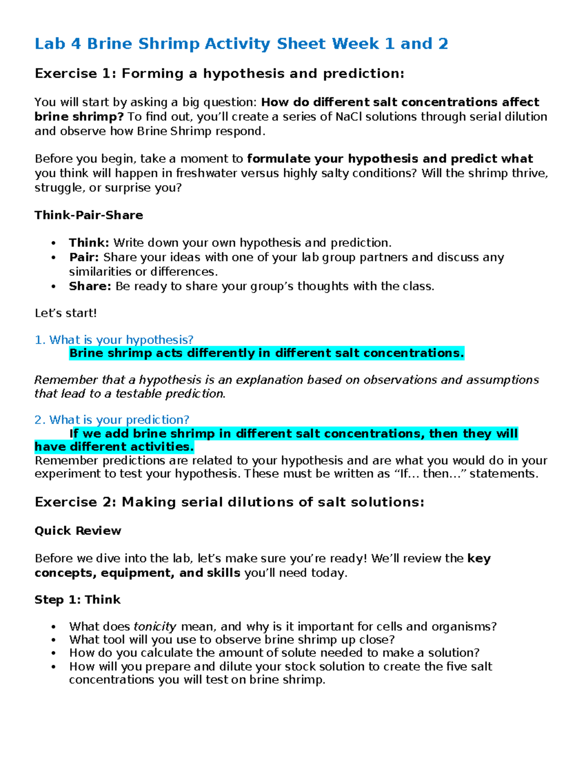 Lab 4: Brine Shrimp Hypothesis & Serial Dilution Activity Sheet - Studocu