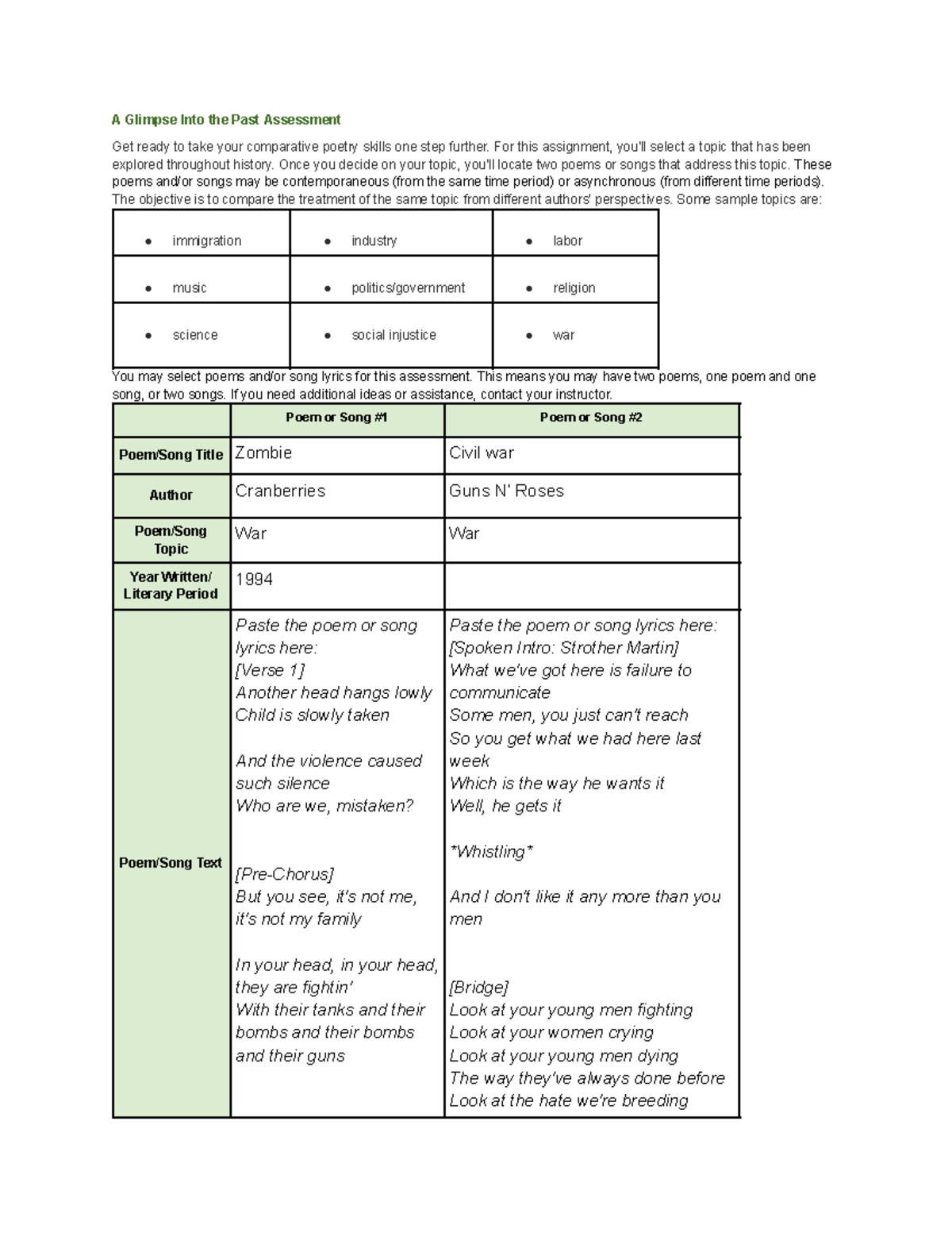 Comparative Poetry Analysis: A Glimpse Into the Past Assessment - Studocu
