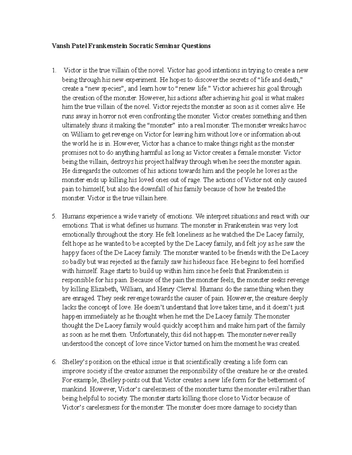 Frankenstein Socratic Seminar Analysis and Questions - Studocu