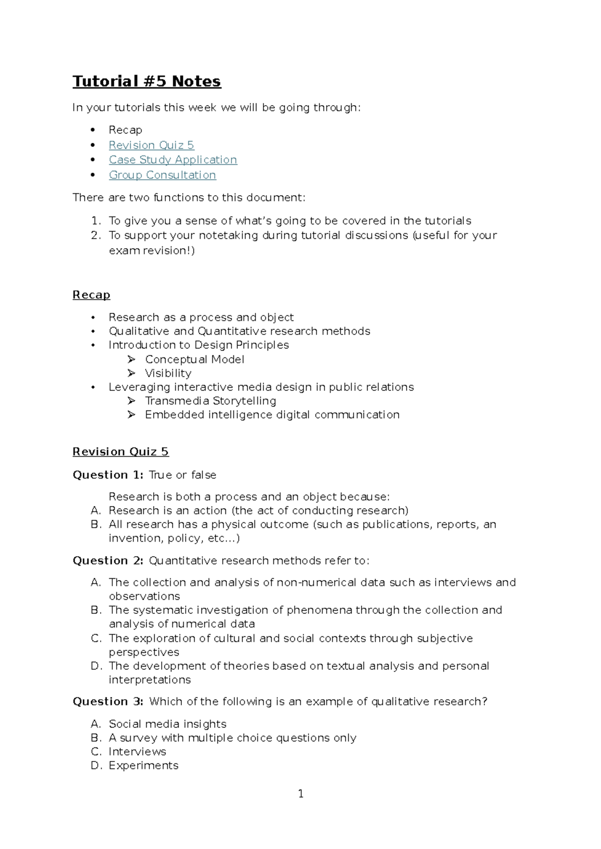 NM1101E Tutorial 5 Notes: Recap, Quiz, and Case Study Insights - Studocu