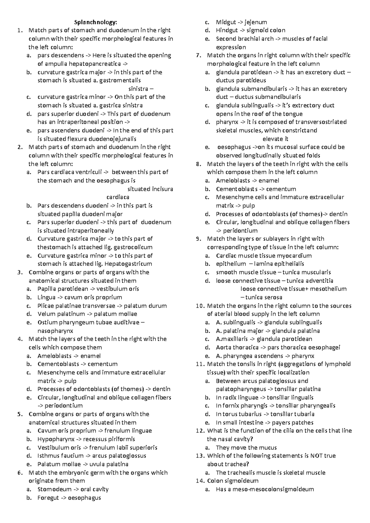 Anatomy Matching 2 - Final Exam Questions on Splanchnology and ...