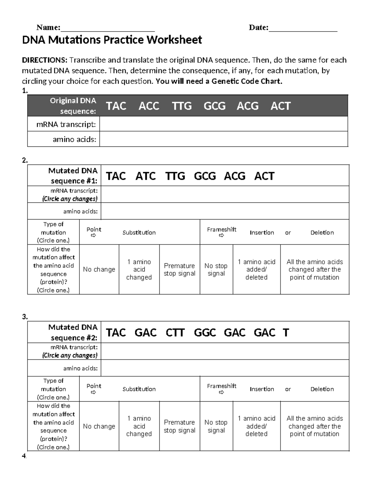 Biology 101: DNA Mutations Practice Worksheet - Studocu