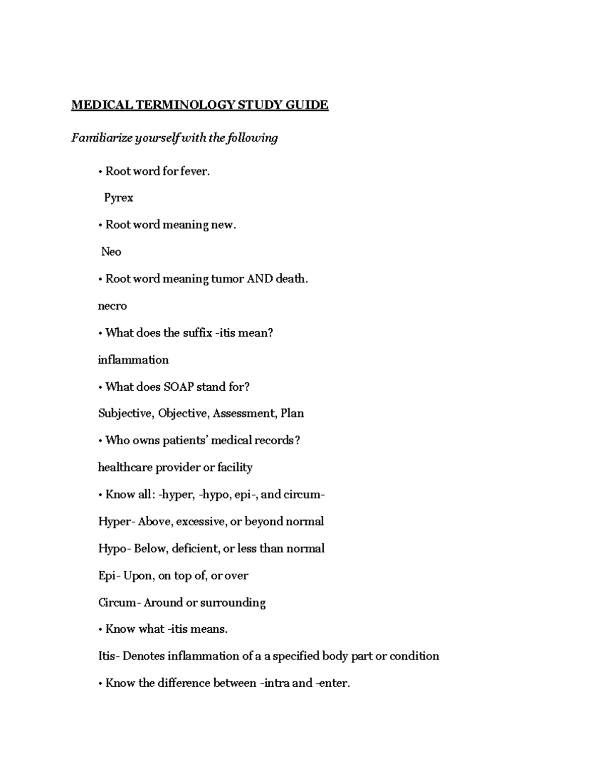 Medical Terminology Study Guide: Exam 1 Review for MEDICAL 101 - Studocu