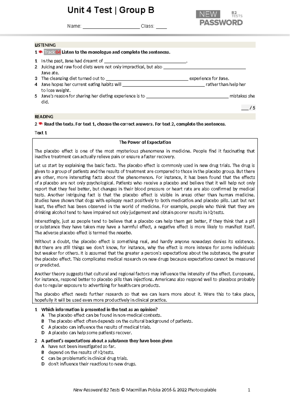 Unit 4 Group B Test: Listening, Reading & Language Functions - Studocu