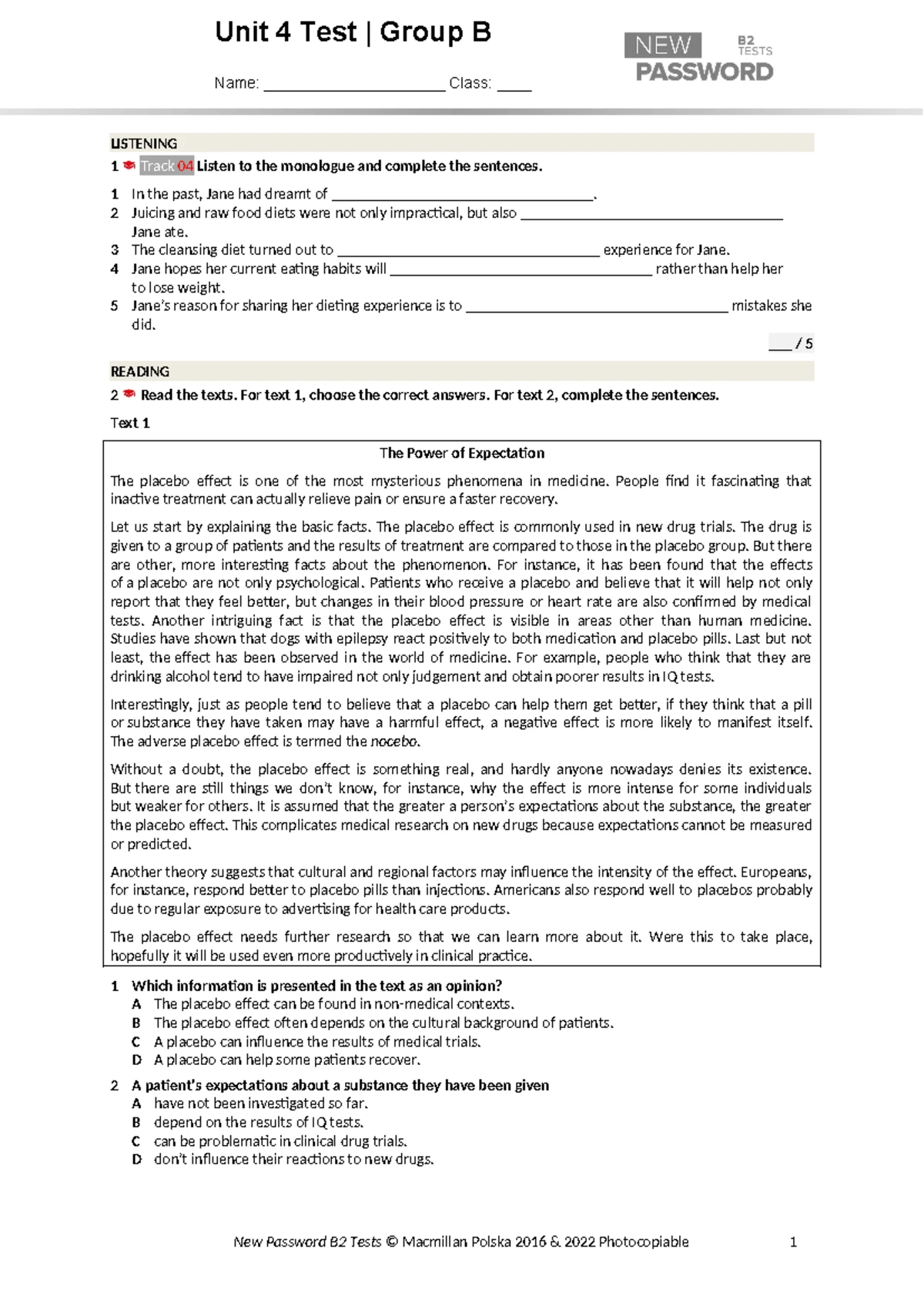 Unit 1 Test B - Język Angielski Klasa 3: Sprawdzian dla Zespołu 3 - Studocu