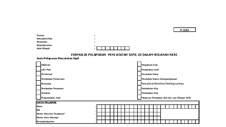 Formulir Pelaporan Pencatatan Sipil F201 - NKRI - Studocu