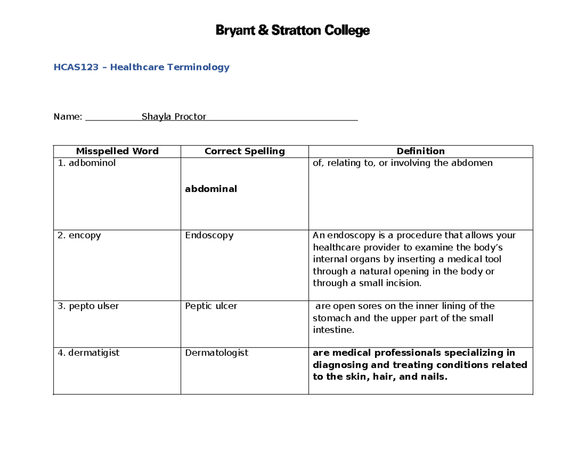 HCAS123 - Week 2 Proofreading: Healthcare Terminology Corrections - Studocu