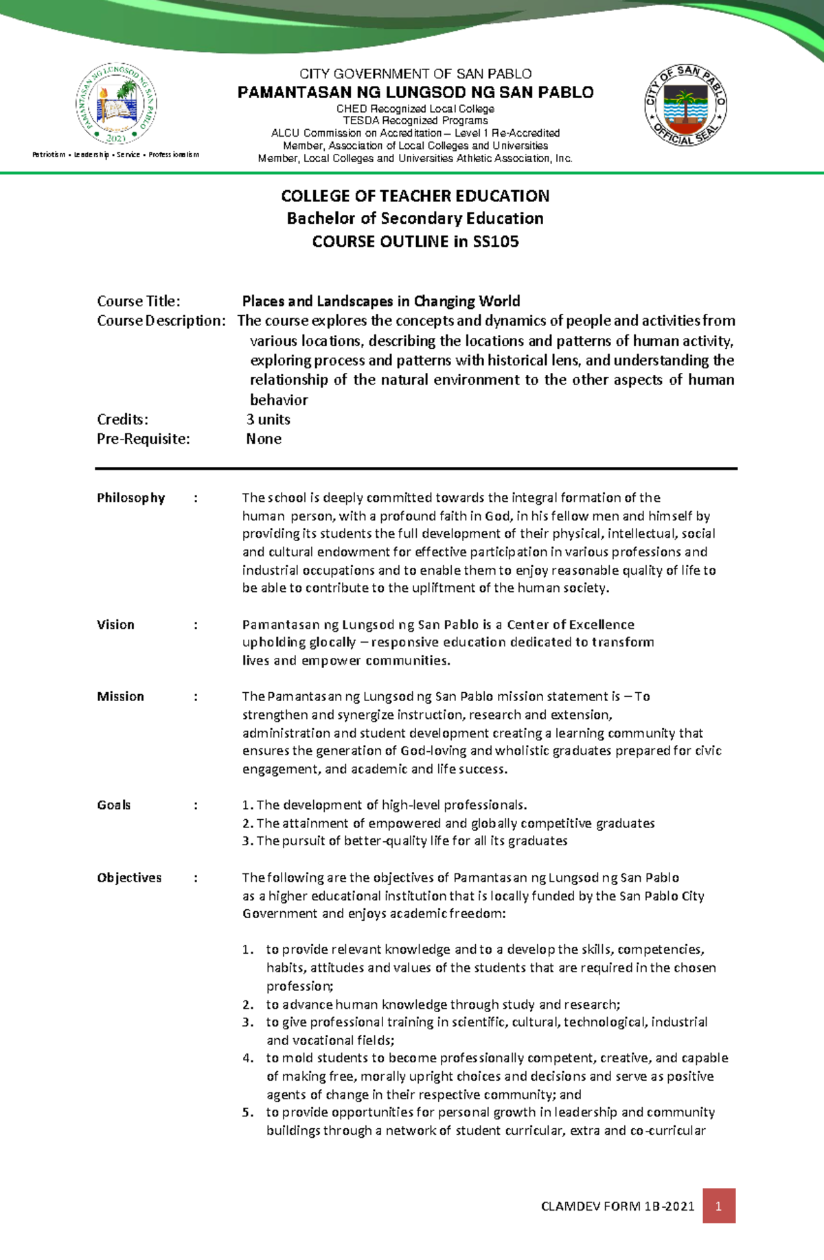 **Course Outline for BSEd SS: Places & Landscapes in a Changing World ...