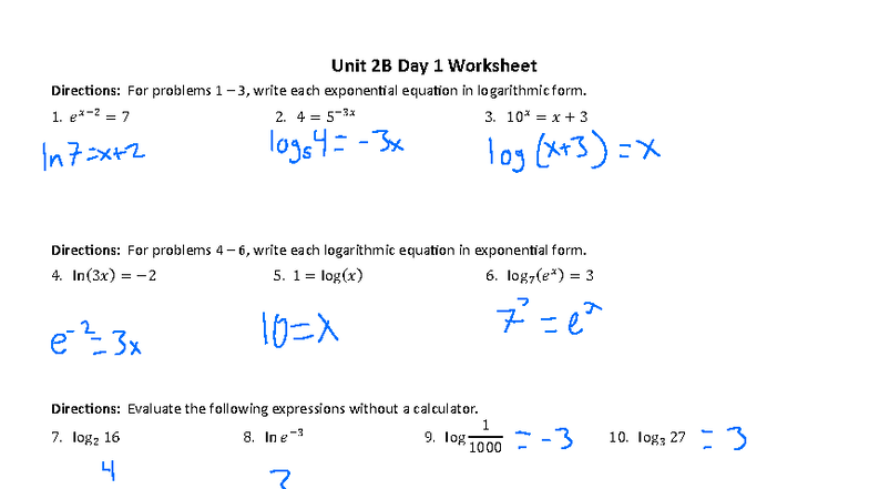 Unit 2B Day 1 Worksheet: Exponential & Logarithmic Equations - Studocu