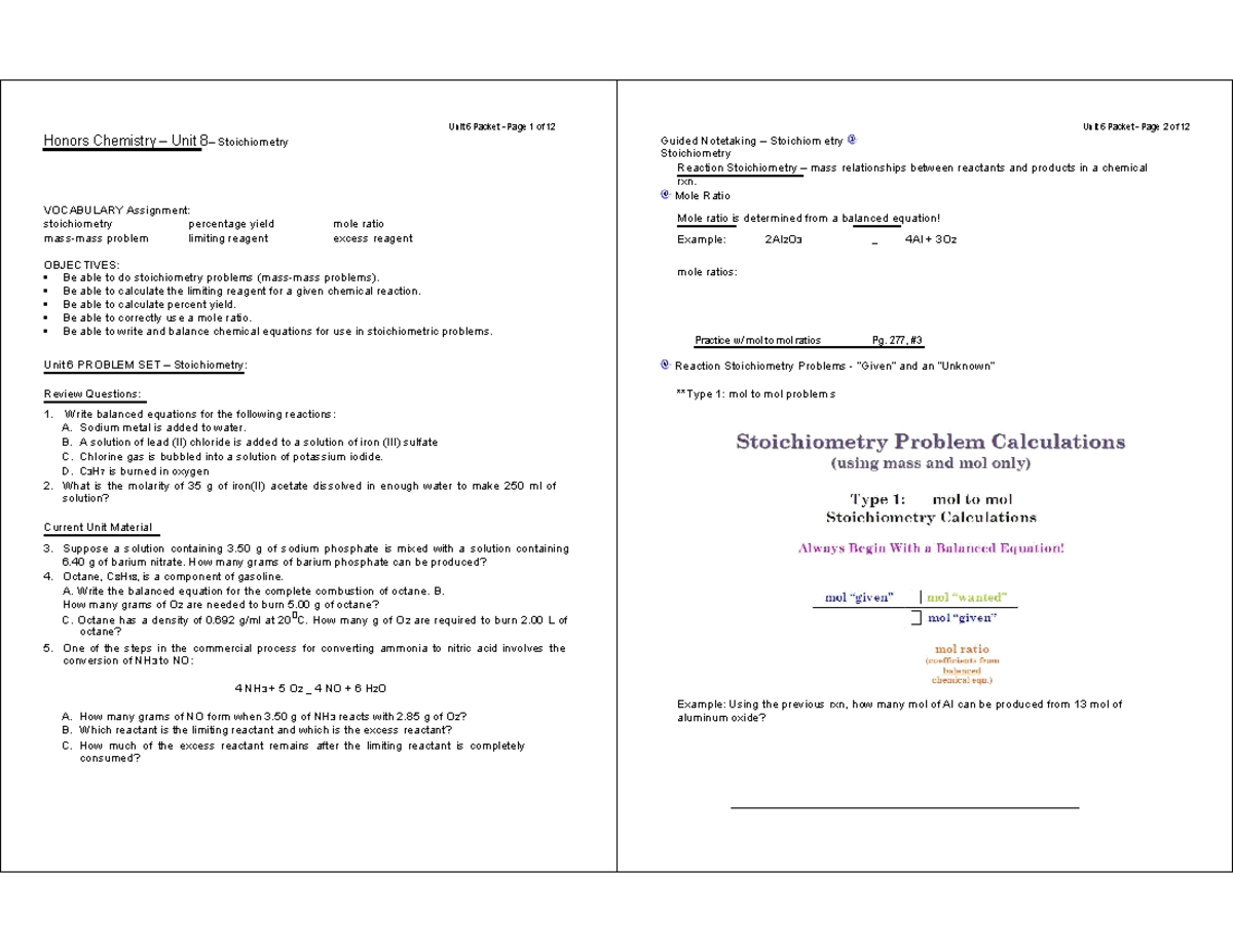 Stoichiometry Packet - Color by Number for Honors Chemistry (Unit 8 ...