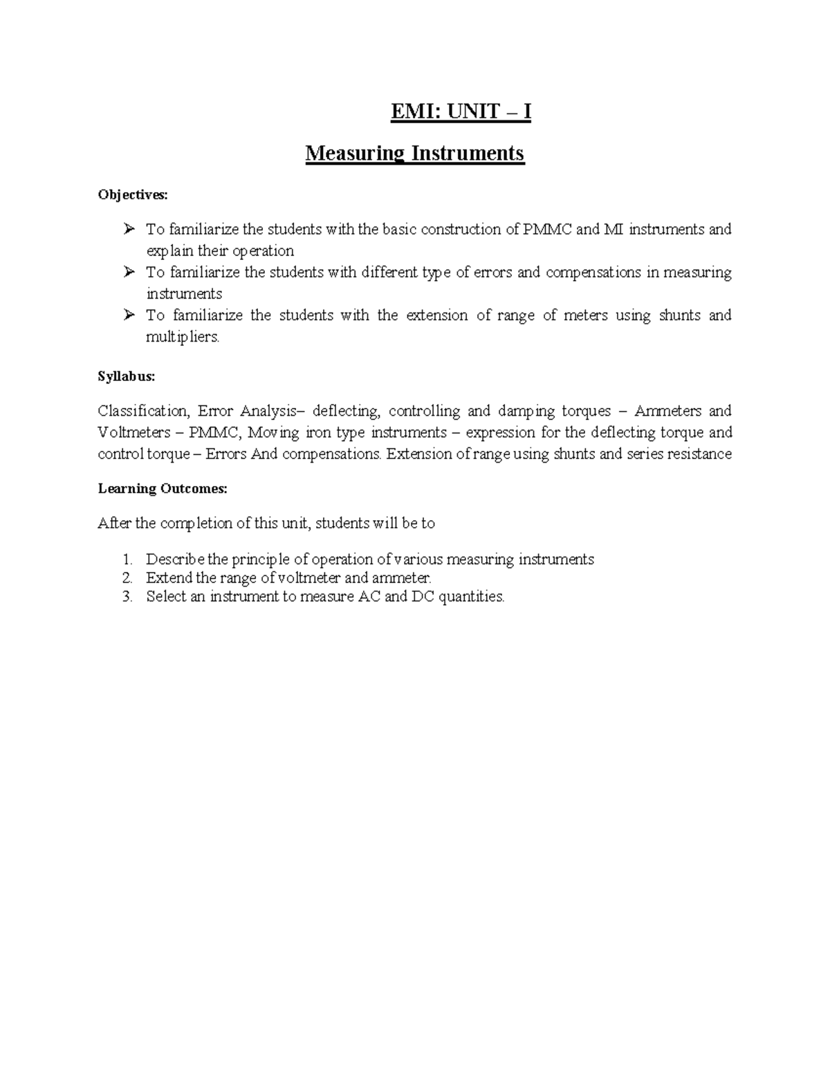 EMI: UNIT I - Measuring Instruments Overview and Operations - Studocu