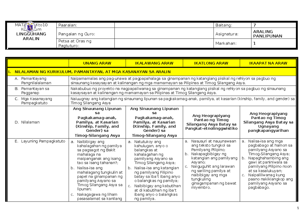 AP7 Q1 Week 4 - ARALING PANLIPUNAN LESSON PLAN - Studocu