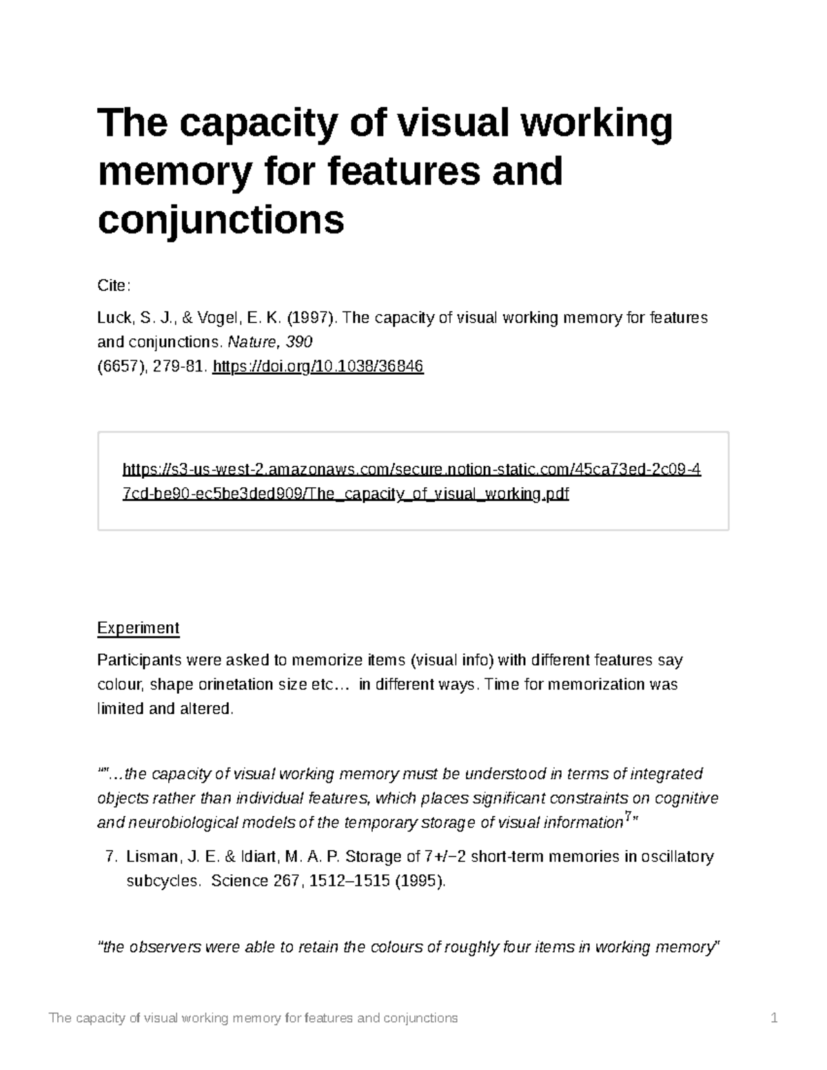 The Capacity of Visual Working Memory for Features & Conjunctions NOTS ...