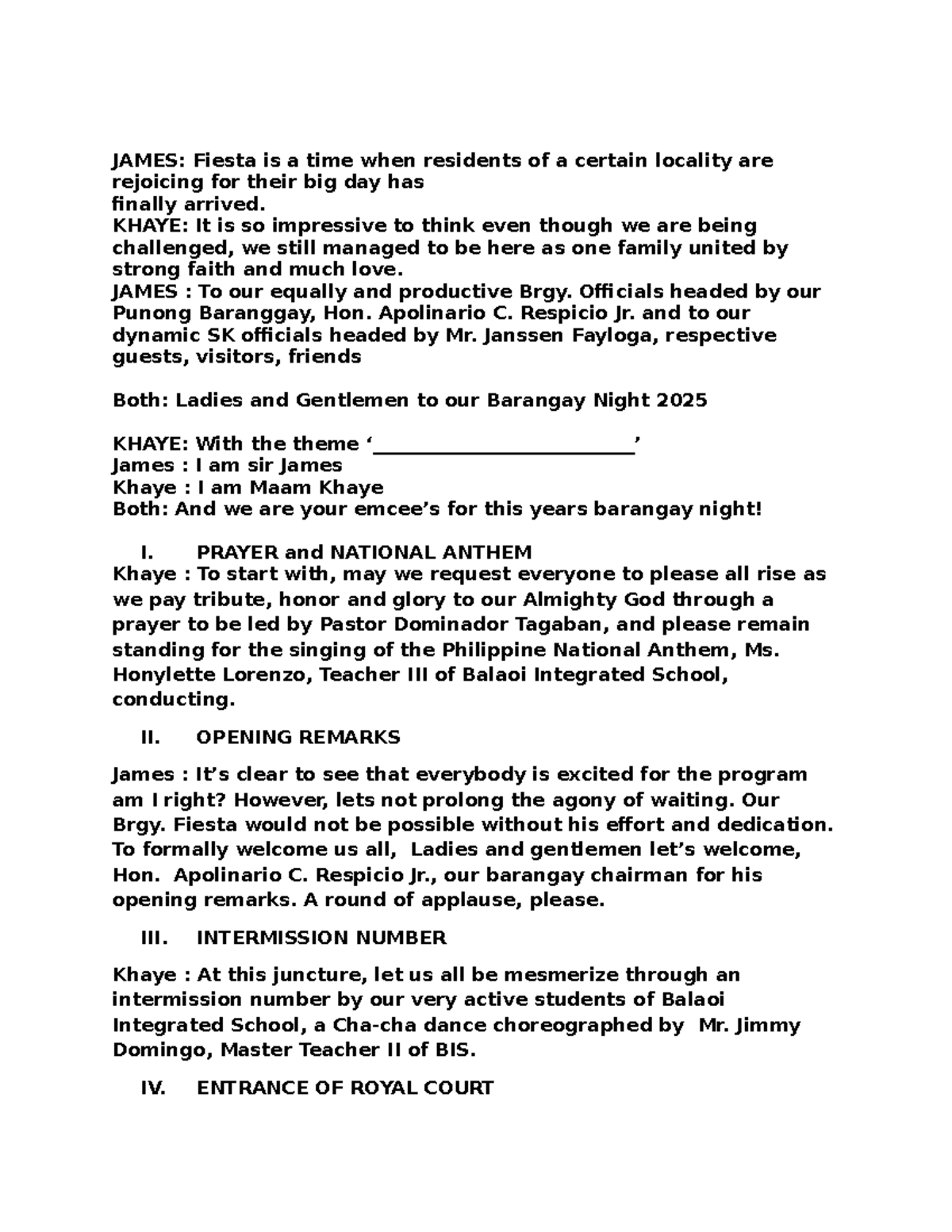 Barangay Night 2025 Emcee Script: A Celebration of Unity and Talent ...