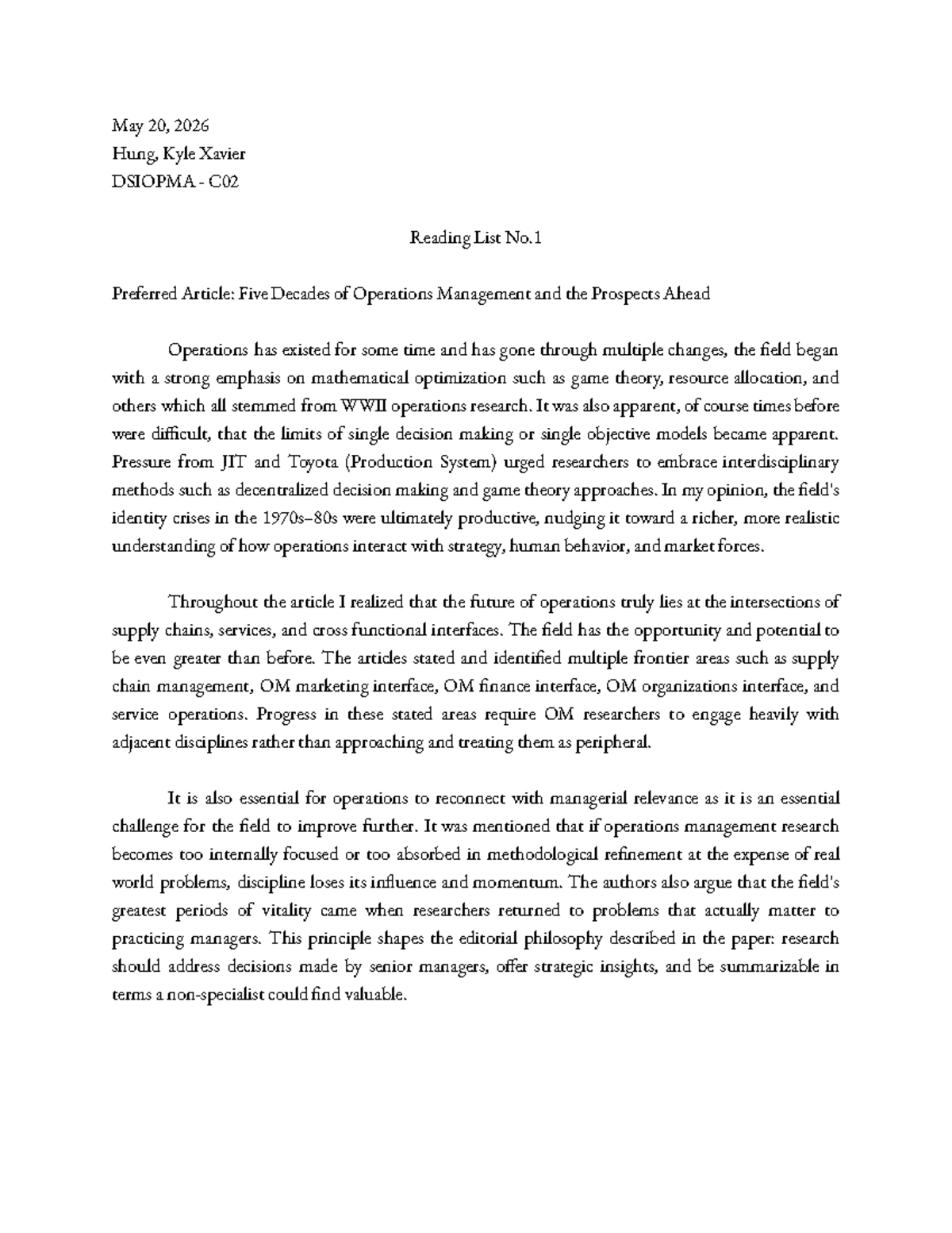 DSIOPMA C02 Reading List No. 1: Operations Management Insights - Studocu