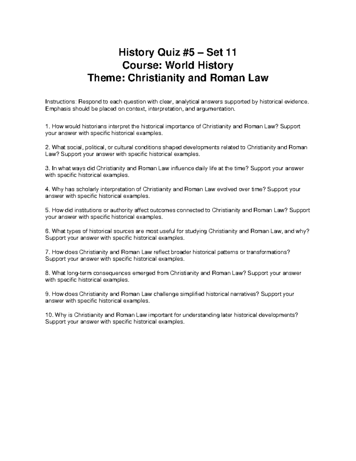 World History Quiz Set 11: Christianity & Roman Law Analysis - Studocu