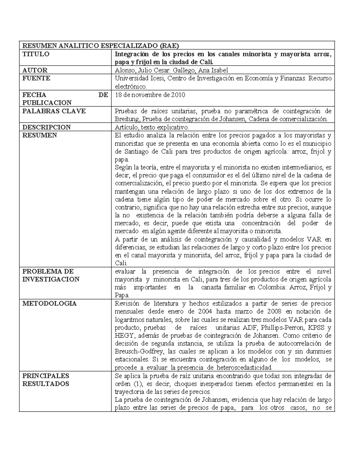 Ejemplo RAE Plantilla - Resumen Familia y Bioética - RESUMEN ANALITICO ...