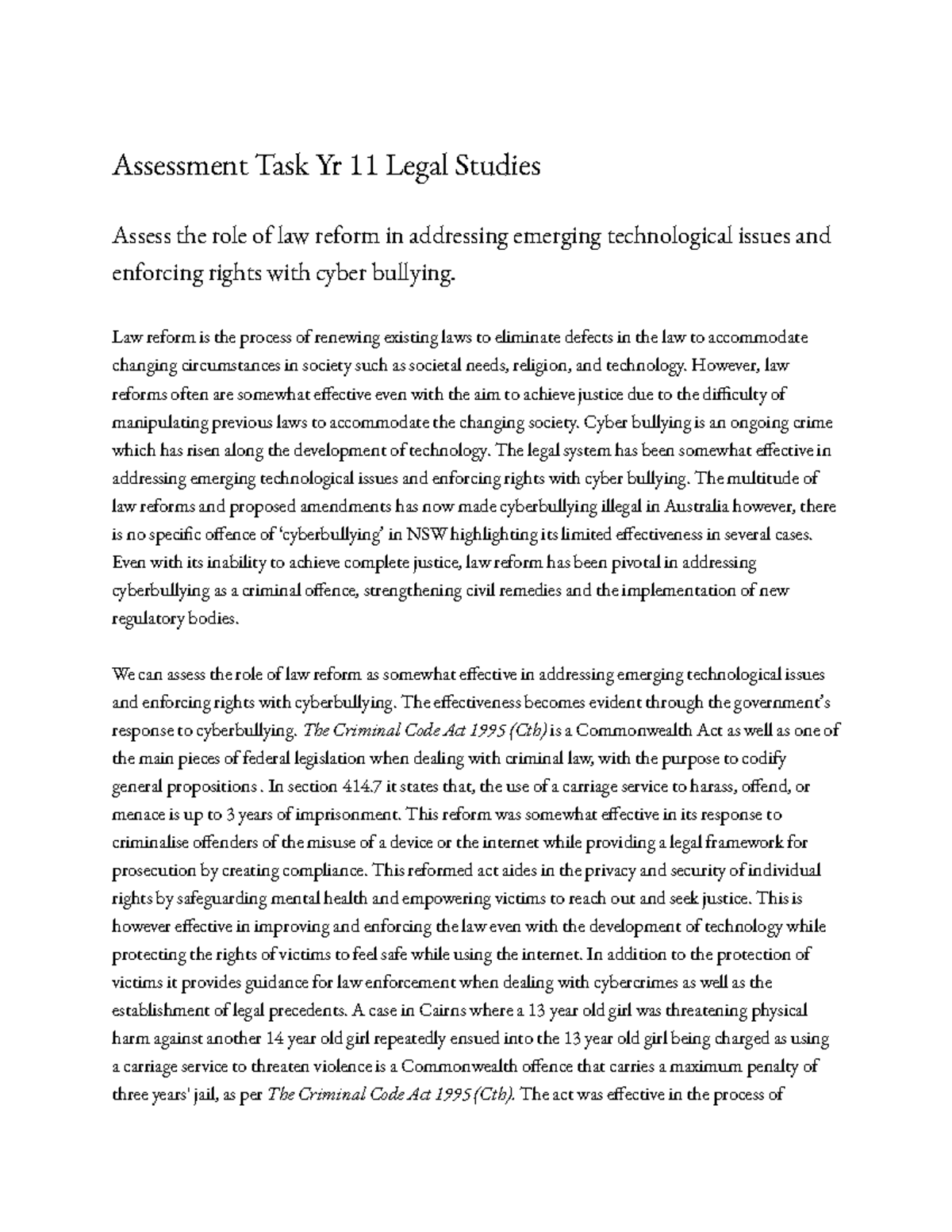 Yr 11 Legal Studies: Law Reform & Cyberbullying Issues - Studocu