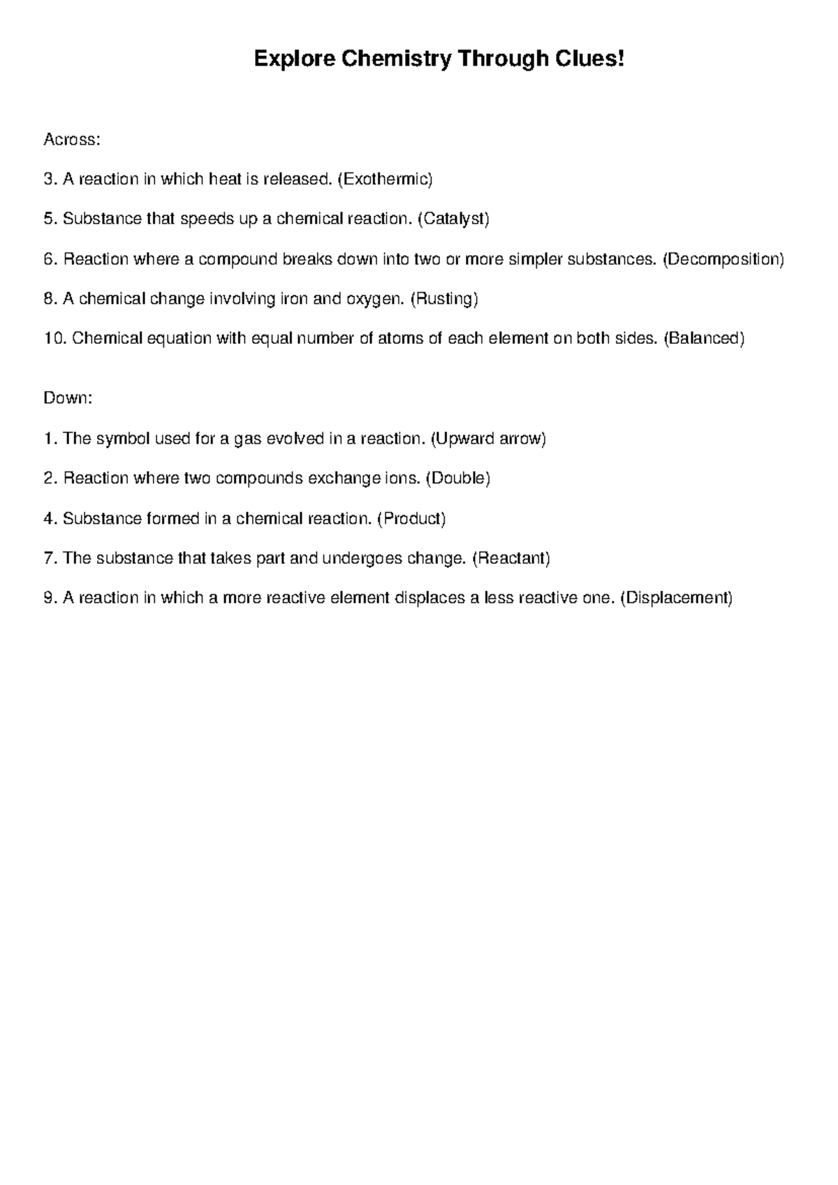 Chemistry Crossword Clues: Key Terms & Reactions - Studocu