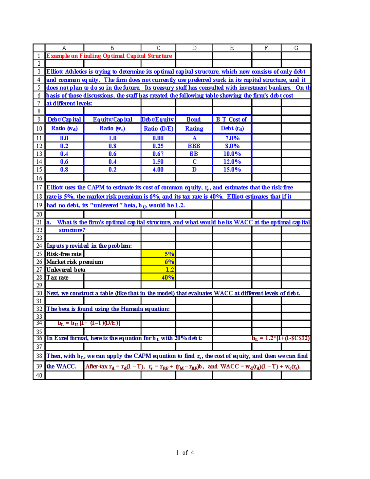FIN 401 In Class Example -Optimal Capital Structure-1 - 1 2 3 4 5 6 7 8 9 10 11 12 13 14 15 16 ...