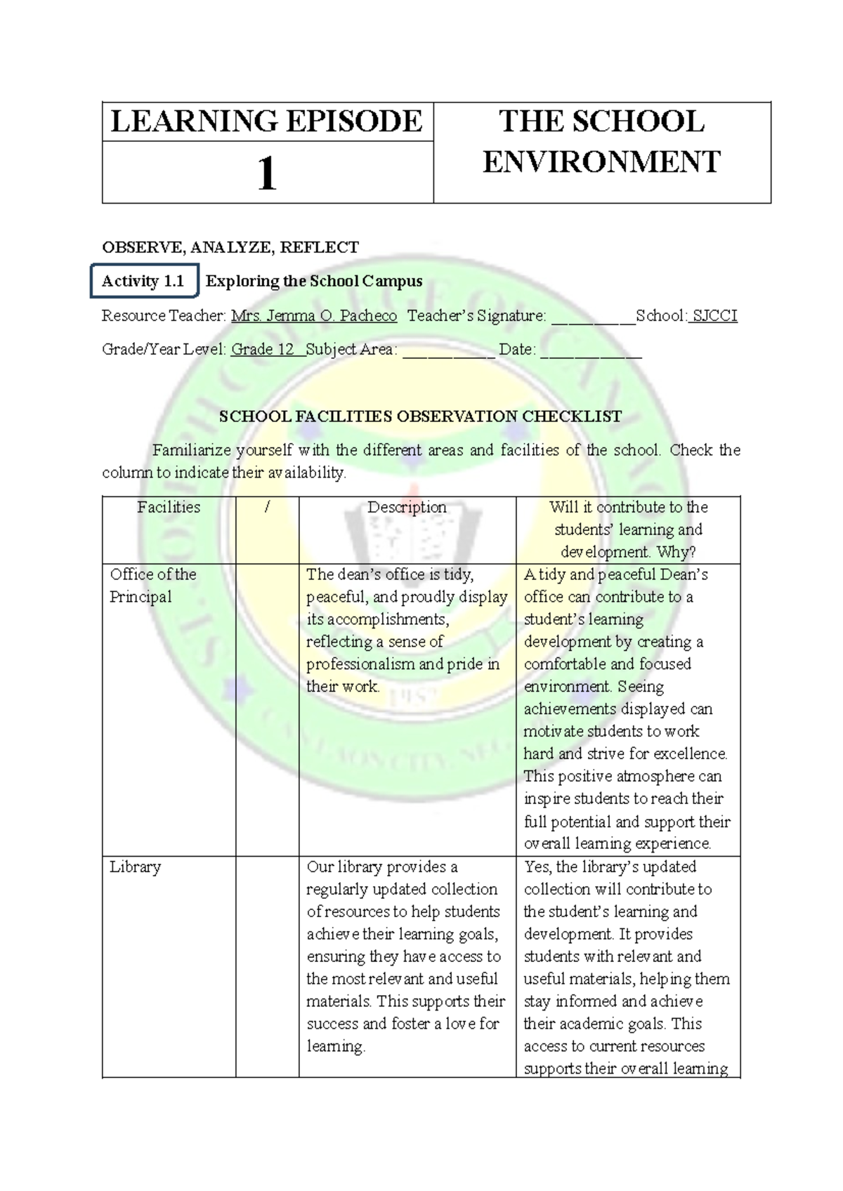 Episode 1: The School Environment - Observation & Reflection (Grade 12 ...