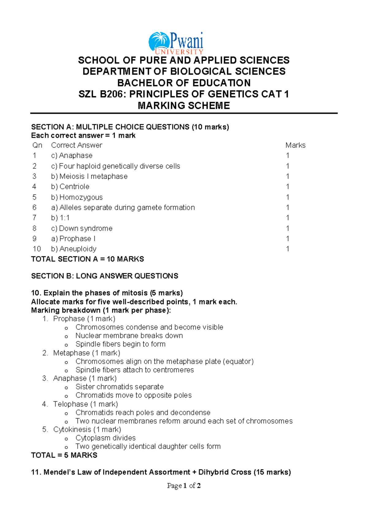 SZL B206 CAT 1 Marking Scheme: Principles of Genetics 2025 - Studocu
