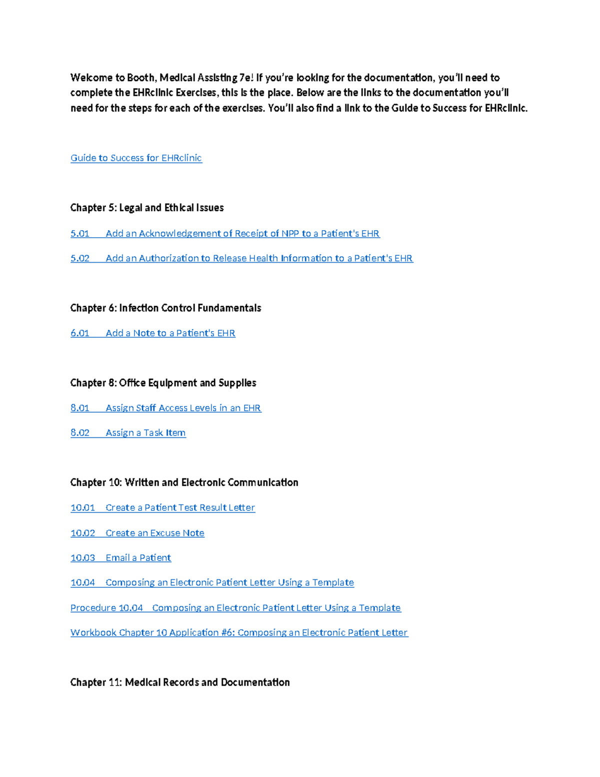 Booth 7e Medical Assisting EHRclinic Documentation Guide - Studocu