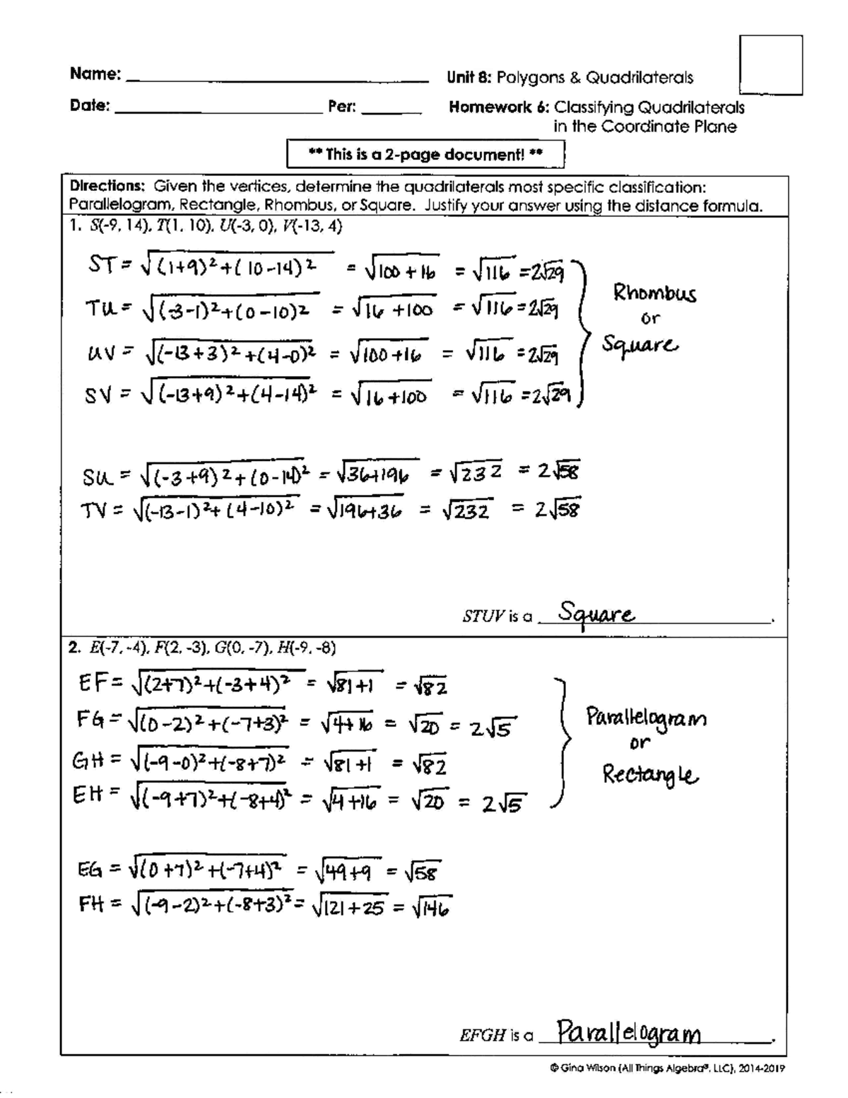 Answer Key: Unit 8 - Quadrilaterals & Coordinate Geometry Practice ...