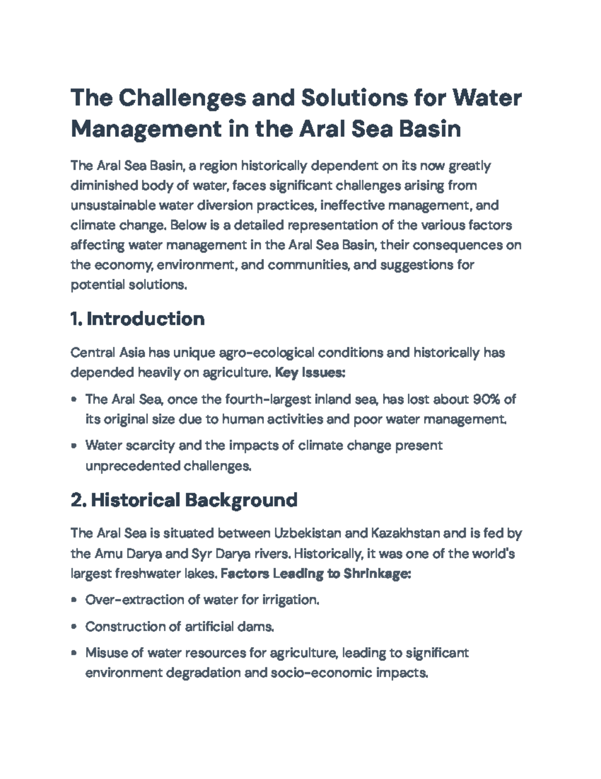 Water Management Challenges and Solutions in the Aral Sea Basin - The ...