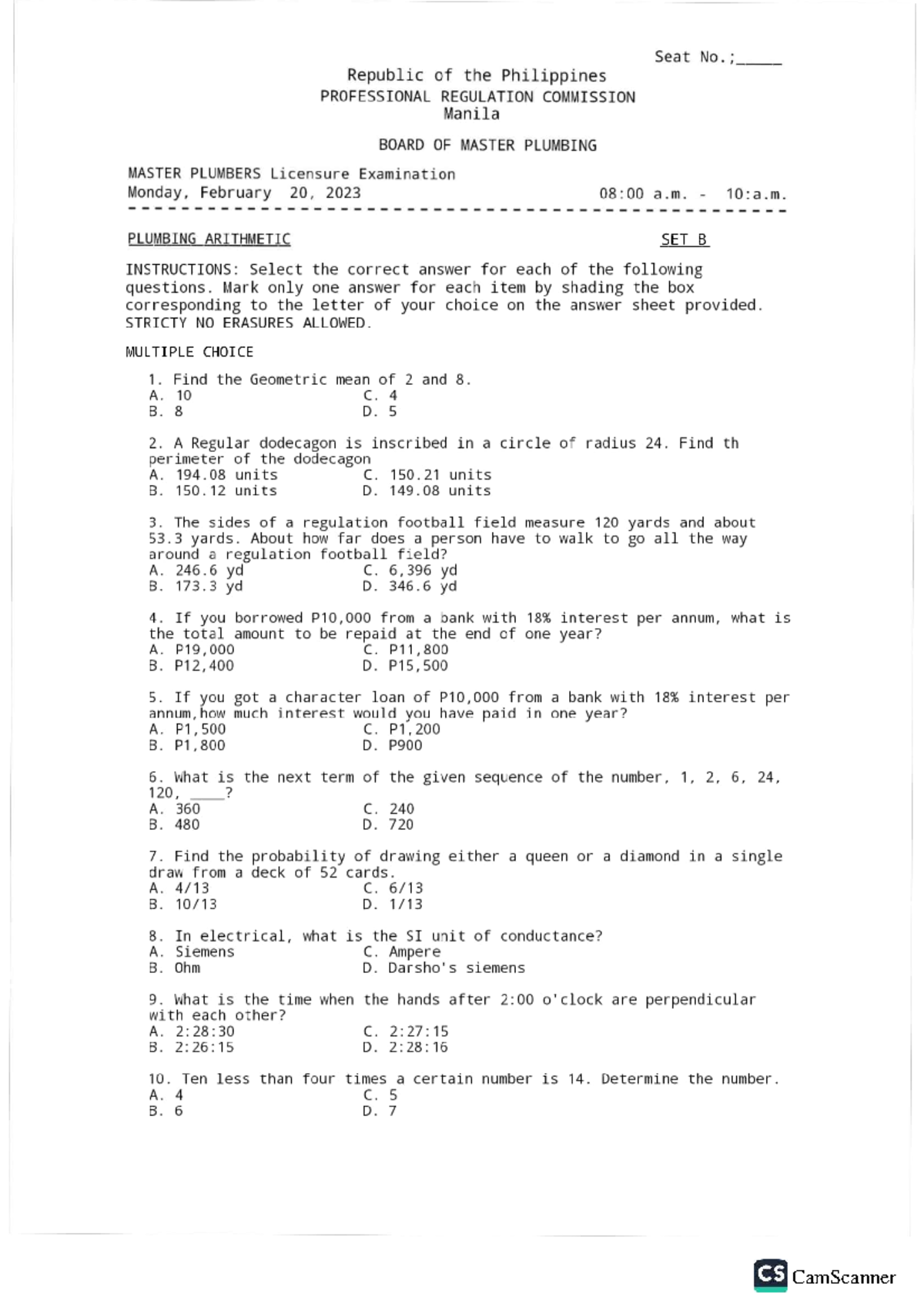 RMP 2023 Master Plumbers Licensure Exam - Plumbing Arithmetic Set B ...