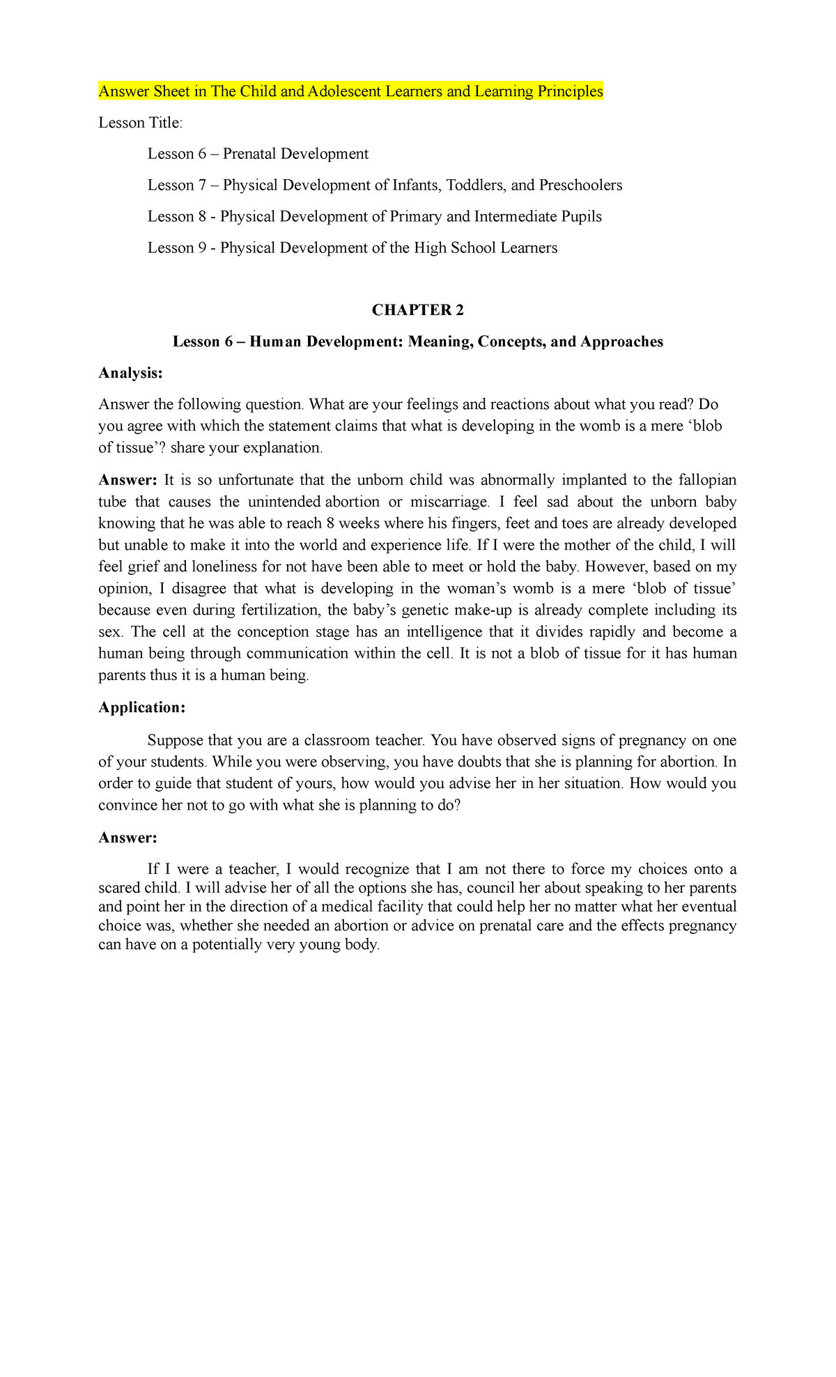 Answer Sheet in The Child and Adolescent Learners and Learning ...